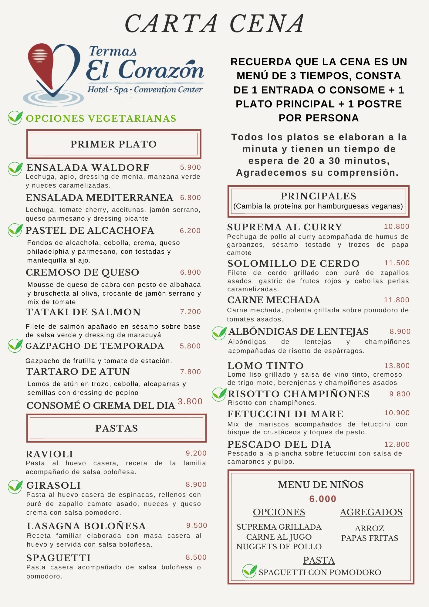 Cena - Cartas y Menú Termas el Corazon